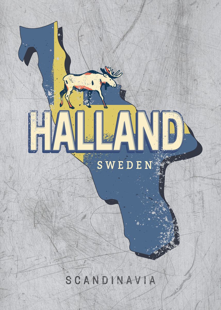 'Halland Moose Sweden Map' Poster, picture, metal print, paint by Nils ...