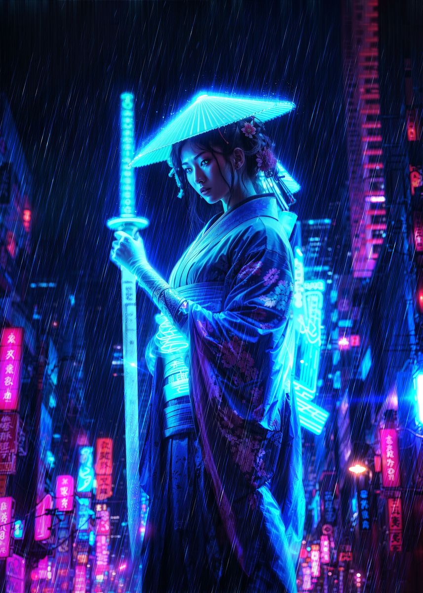 'Neon Geisha in the Rain' Poster, picture, metal print, paint by Bruno ...