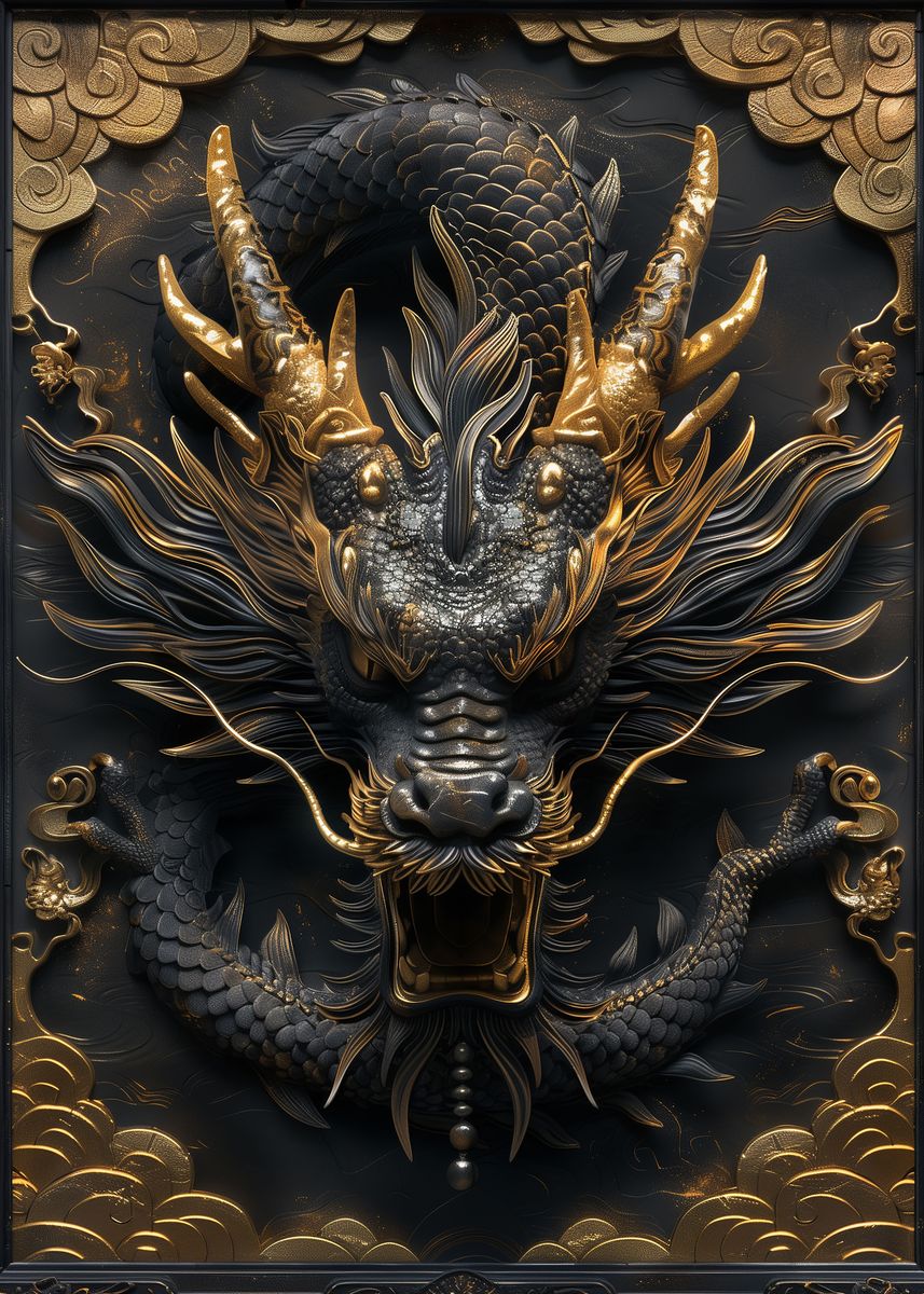 'Black And Gold Dragon Head' Poster, picture, metal print, paint by ...