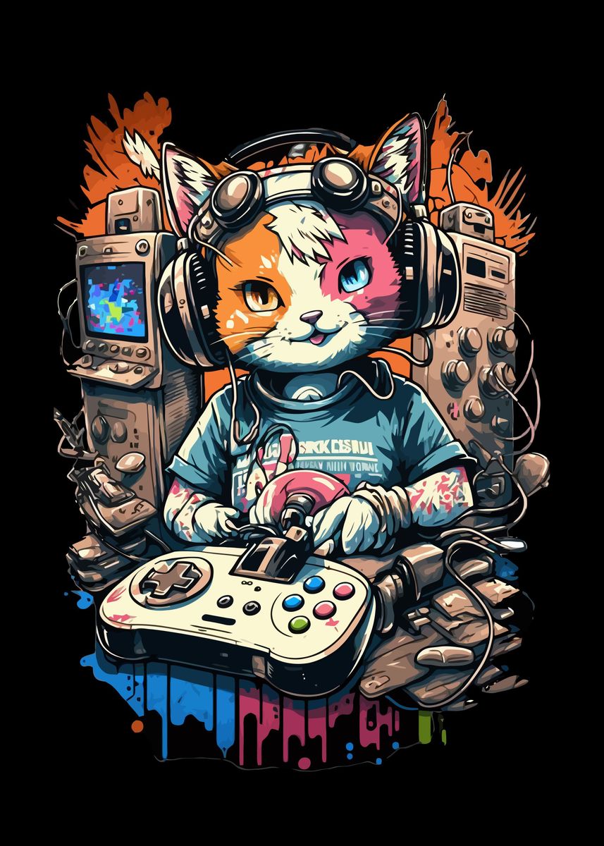 'Cat Gamer' Poster, picture, metal print, paint by BB Creative | Displate
