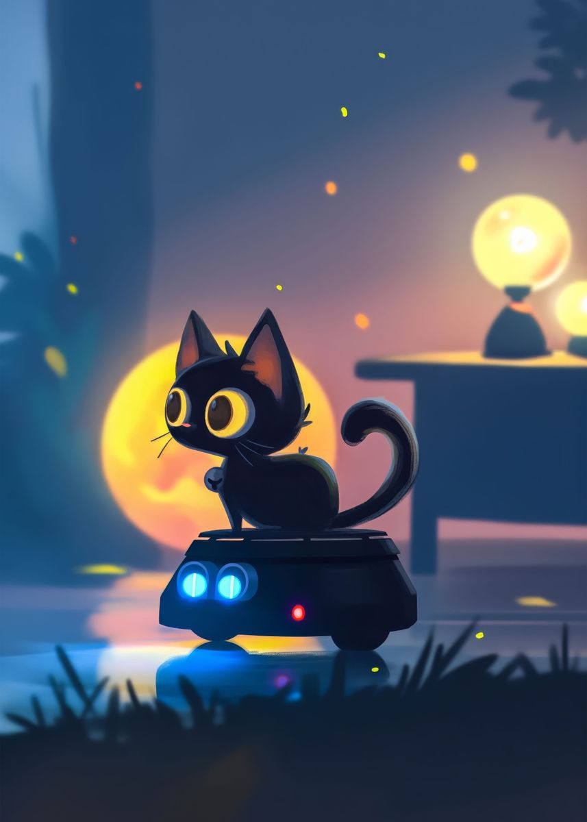 'Cat on a Roomba' Poster, picture, metal print, paint by Vizio | Displate