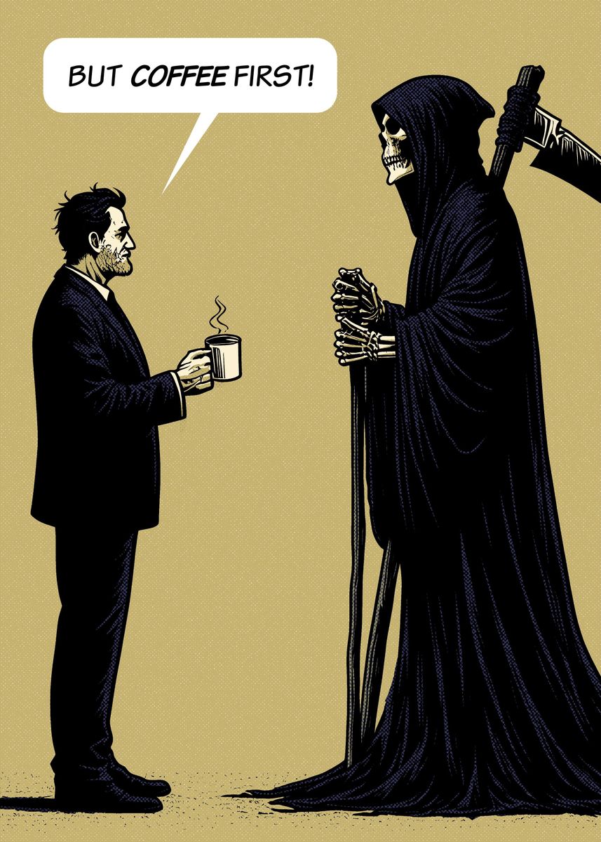 'Grim Reaper Coffee First' Poster, picture, metal print, paint by ...