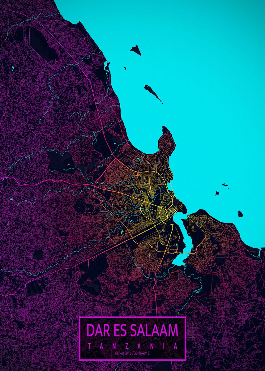 'Dar es Salaam Map Neon' Poster, picture, metal print, paint by deMAP ...