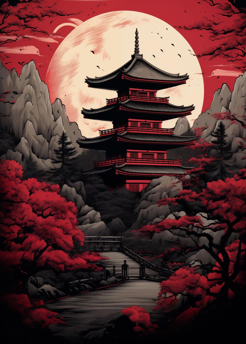 'Red Moon Japan' Poster, picture, metal print, paint by Aidan Pena ...