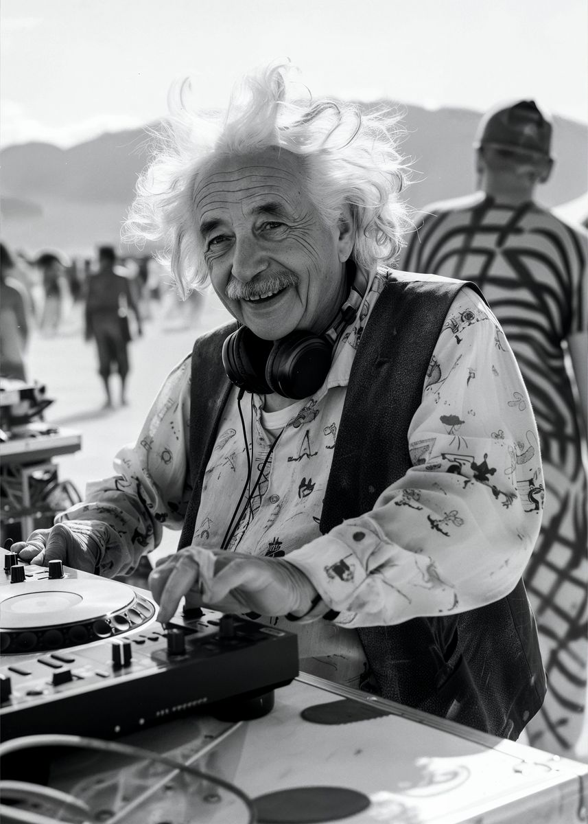 'DJ Einstein at Burning Man' Poster, picture, metal print, paint by David Lindberg | Displate
