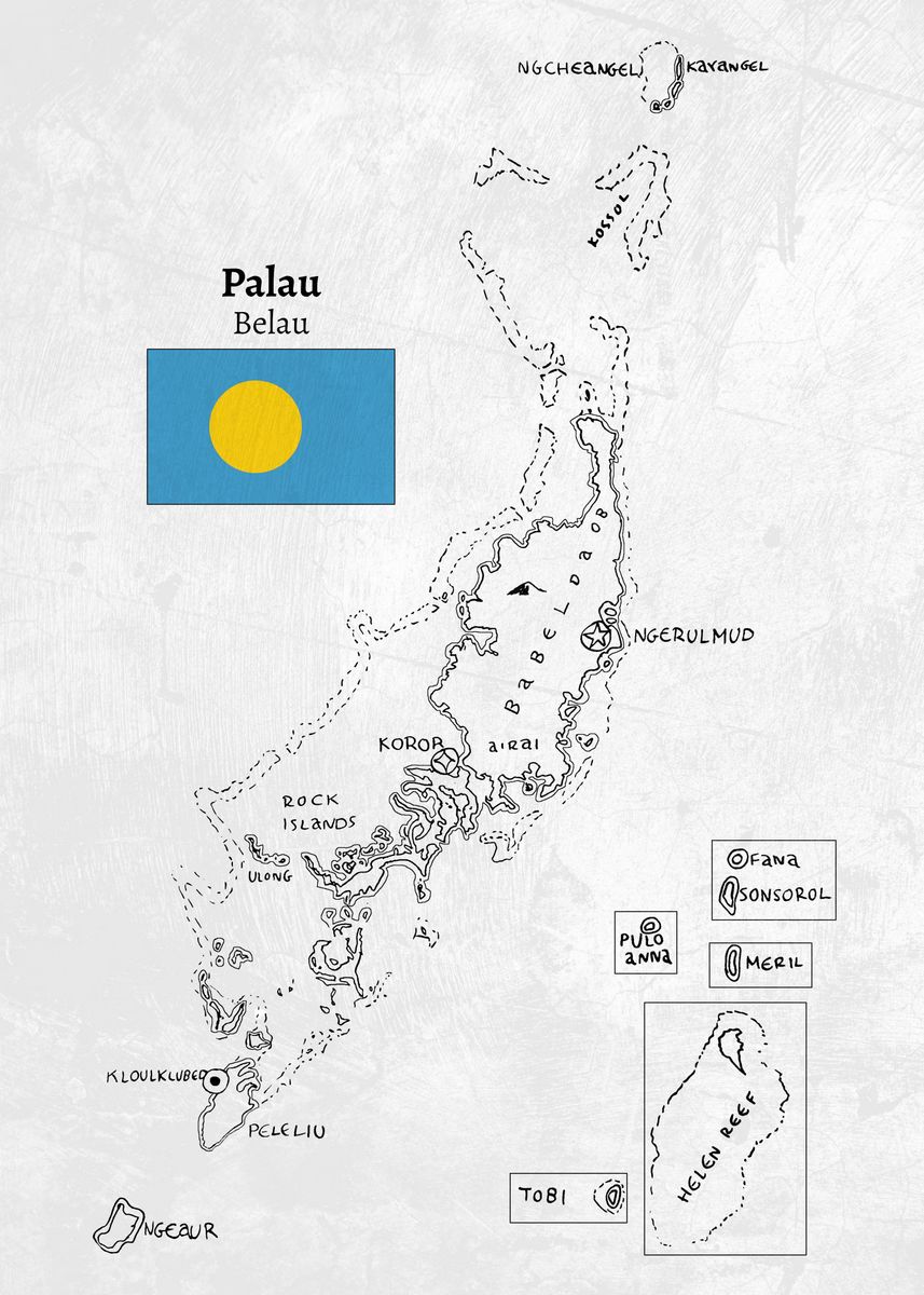 'Handdrawn Palau Map' Poster, picture, metal print, paint by Angelos ...