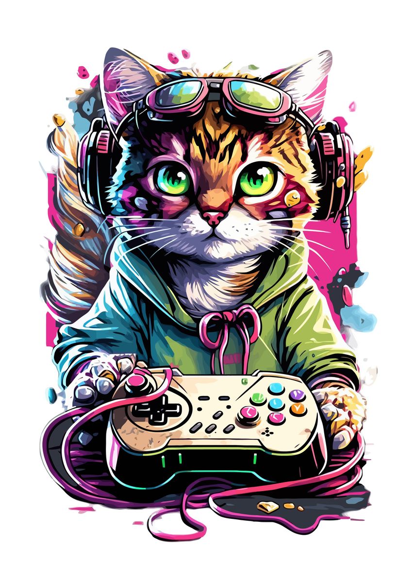 'Cat Gamer' Poster, picture, metal print, paint by BB Creative | Displate