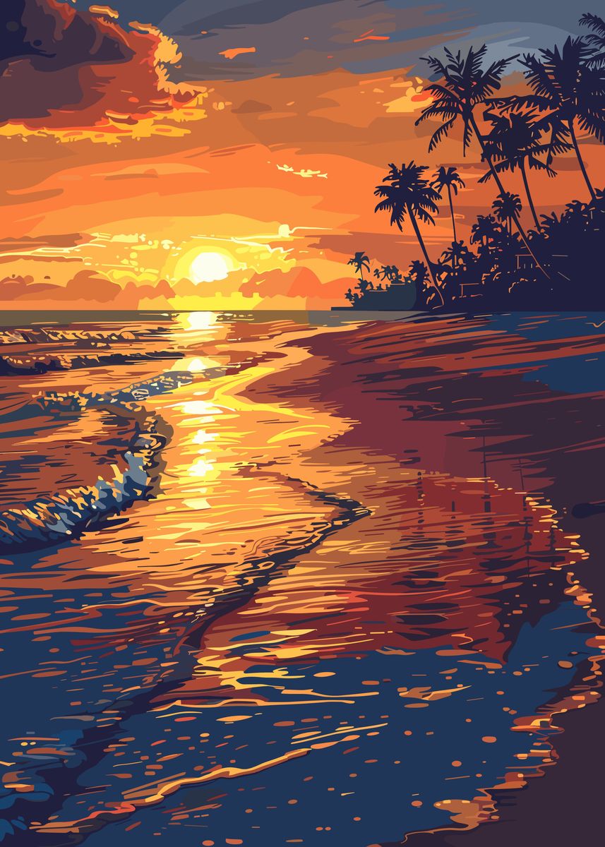 'Scenic Beach Sunset' Poster, picture, metal print, paint by Mesh | Displate