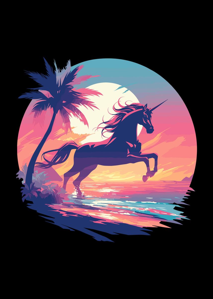 'Mystical Sunset Unicorn' Poster, picture, metal print, paint by ...