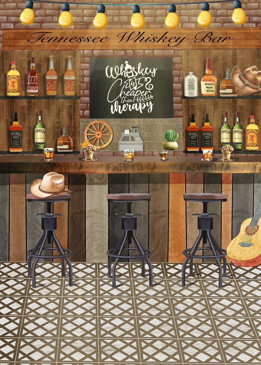 'Whiskey Bar ' Poster, picture, metal print, paint by Art By Liz | Displate