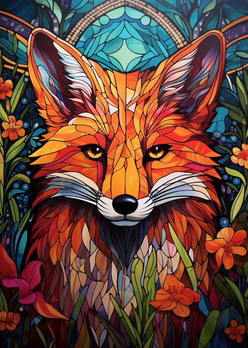 'Red fox on stained glass' Poster, picture, metal print, paint by ...