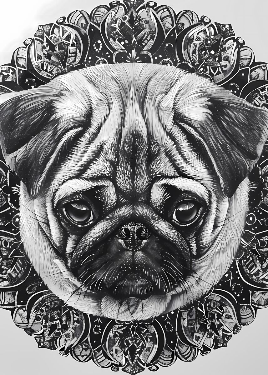 'Mandala Pug BW' Poster, picture, metal print, paint by Alexandre ...