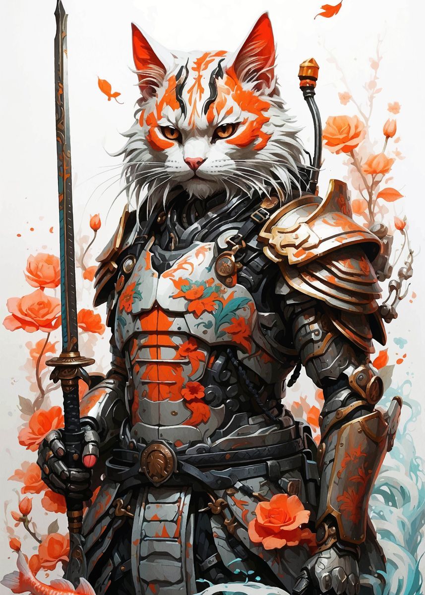 'Samurai Cat ' Poster, picture, metal print, paint by EPL Retro | Displate