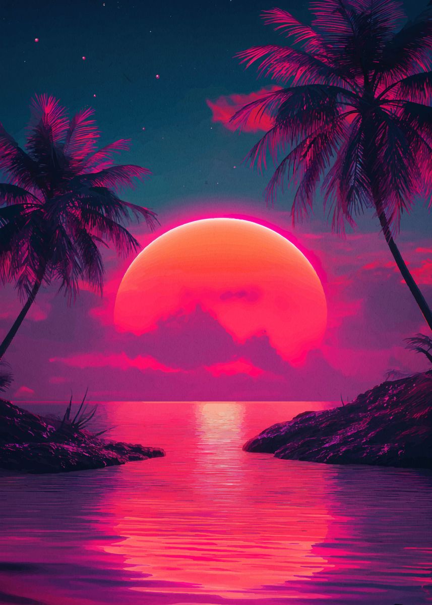 'Beach Sunset Retro Nature' Poster, picture, metal print, paint by ...