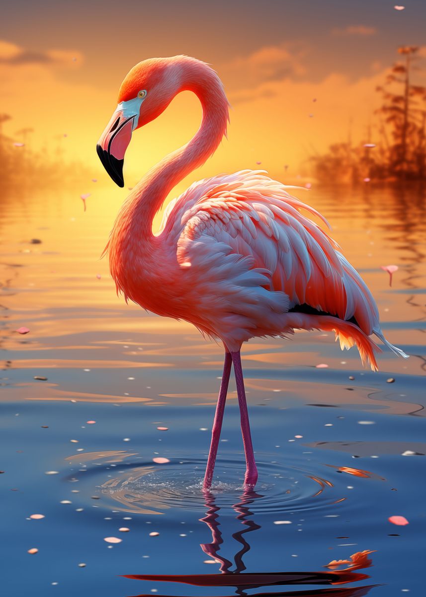 'Flamingo Sunset At Lake' Poster, picture, metal print, paint by ...