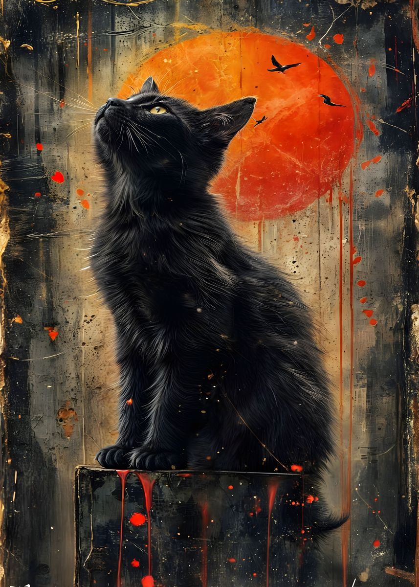 'black cat under the moon' Poster, picture, metal print, paint by ...