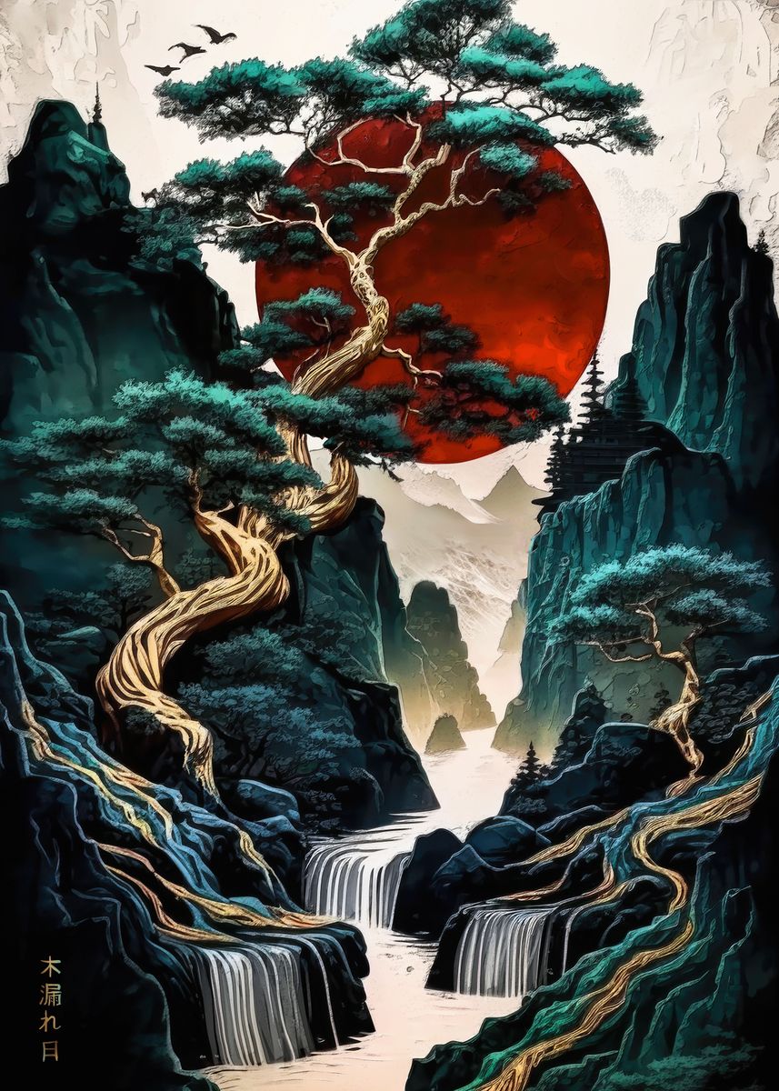 'Japan landscape red moon' Poster, picture, metal print, paint by ...
