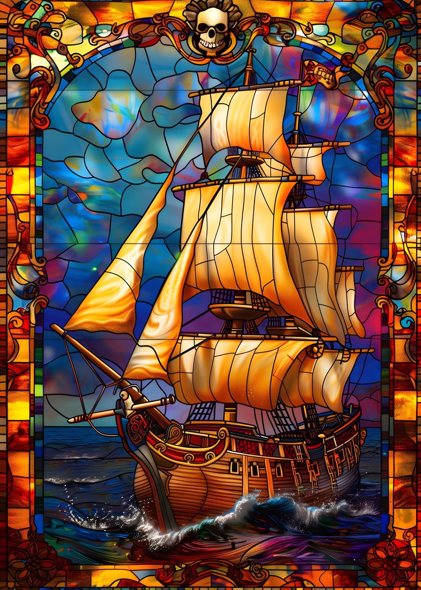 'Pirate Ship Stained Glass' Poster, picture, metal print, paint by ...