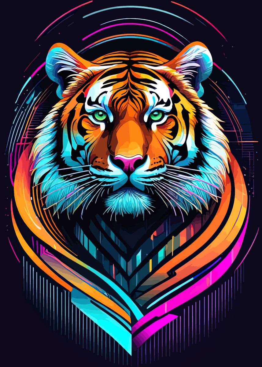 'Tiger Face With Neon Art' Poster, picture, metal print, paint by ...