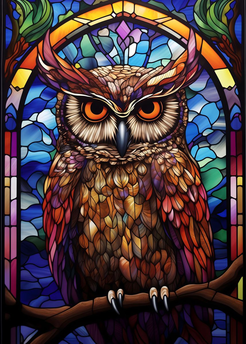 'Owl Stained Glass' Poster, picture, metal print, paint by Dennex ...