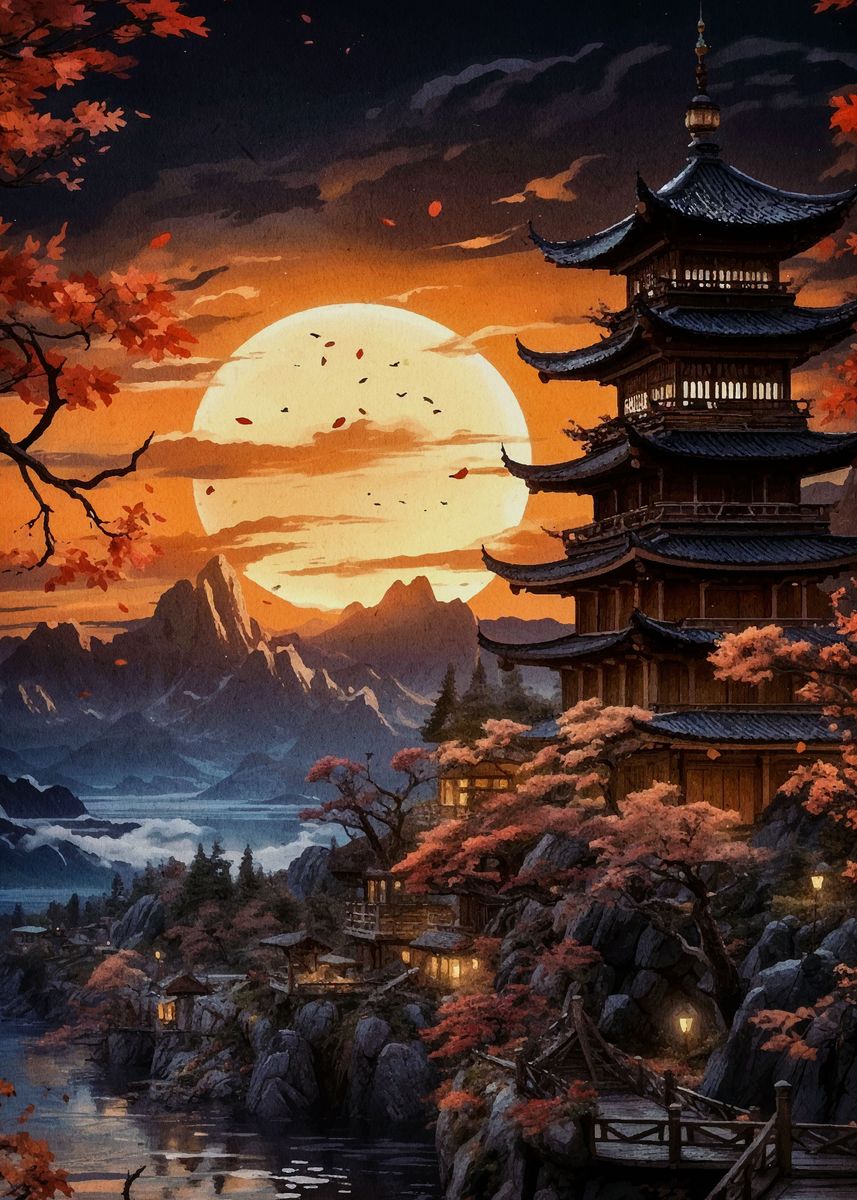 'japanese moon landscape' Poster, picture, metal print, paint by dunn ...