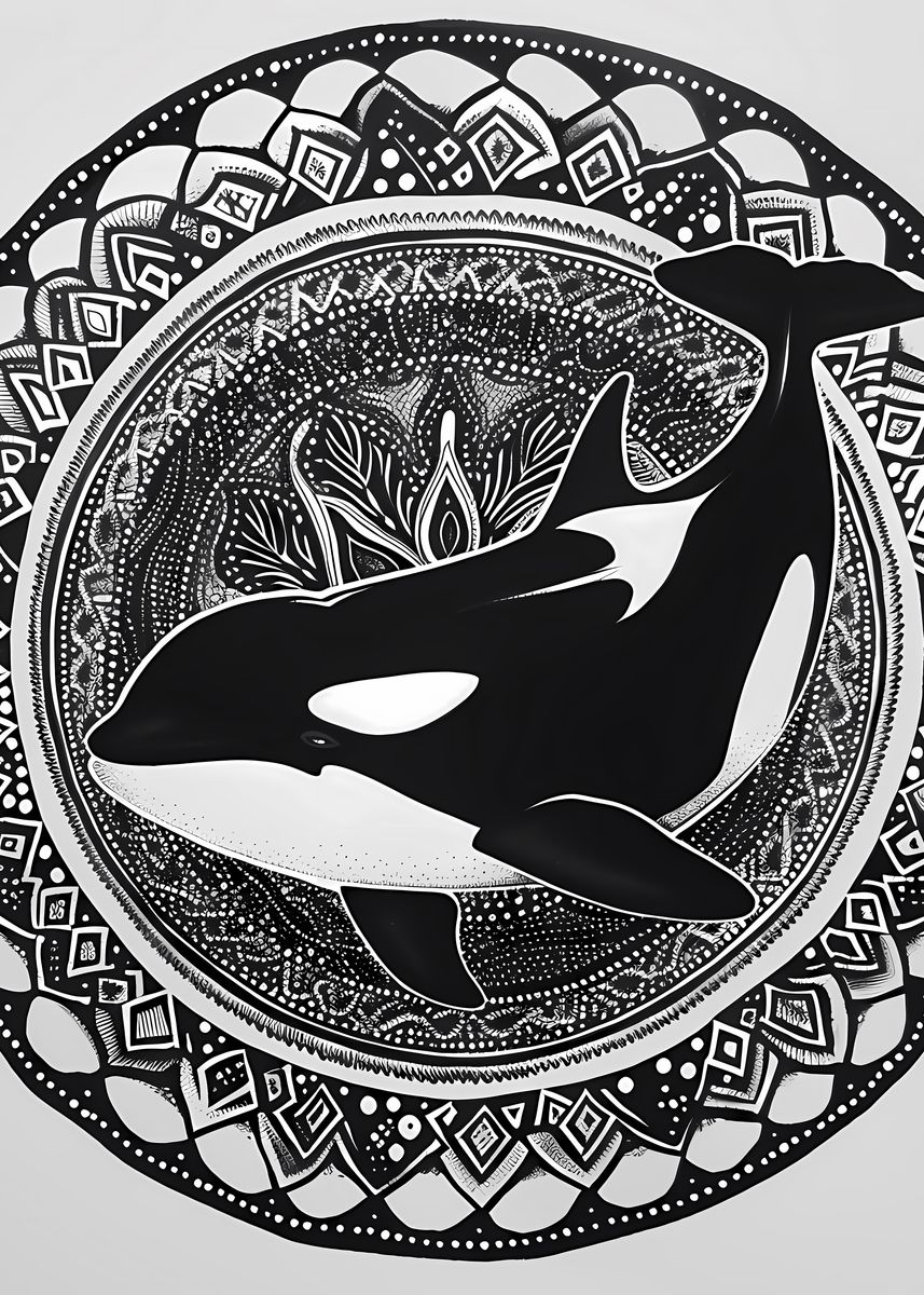 'Mandala Orca BW' Poster, picture, metal print, paint by Alexandre ...