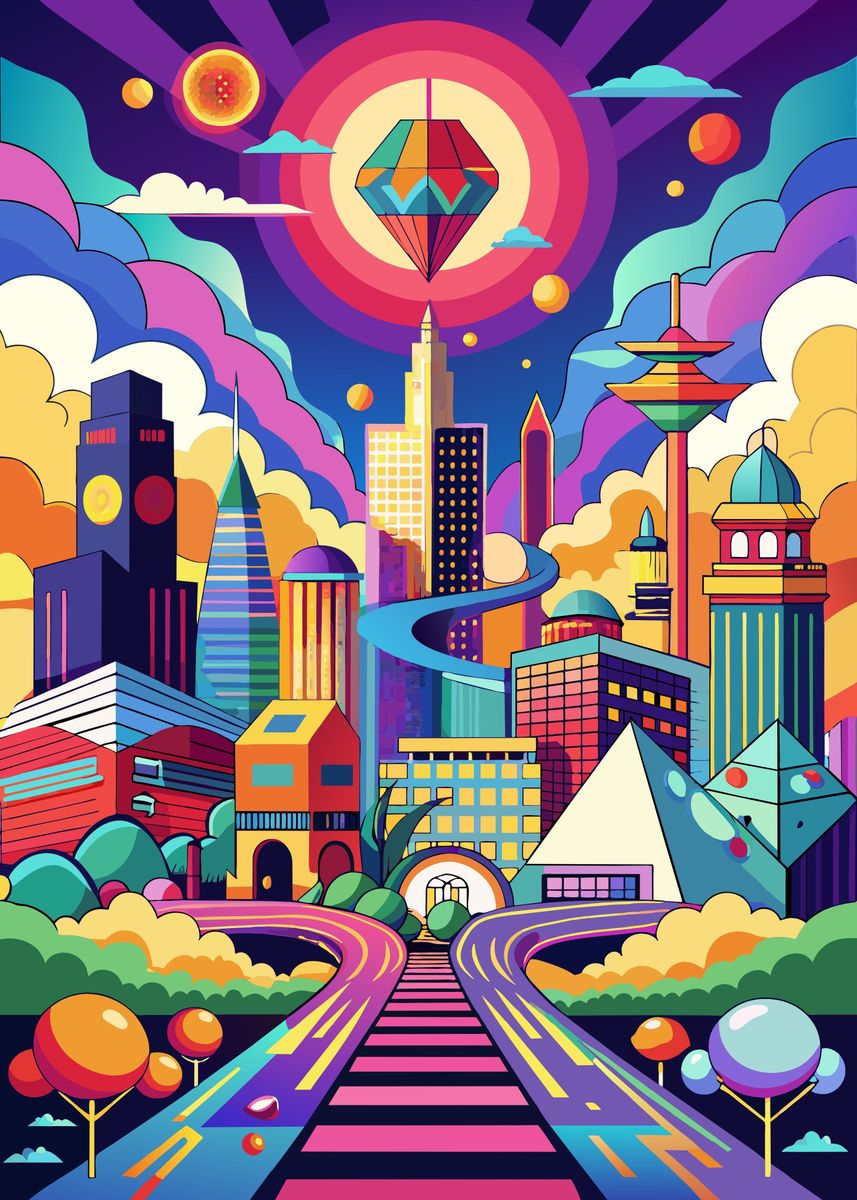 'Psychedelic Cityscape' Poster, picture, metal print, paint by Art Jiyuu | Displate