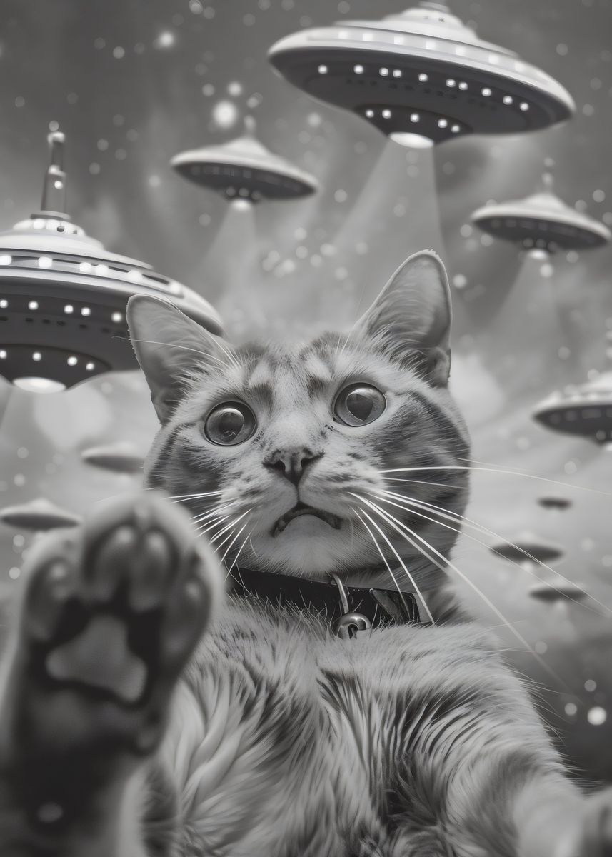 'Funny Cat UFO Selfie Alien' Poster, picture, metal print, paint by ...