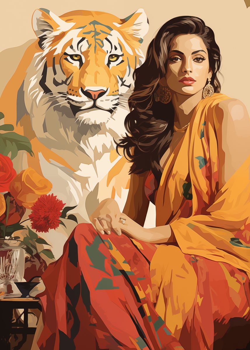 'indian woman with tiger' Poster, picture, metal print, paint by vin Art | Displate