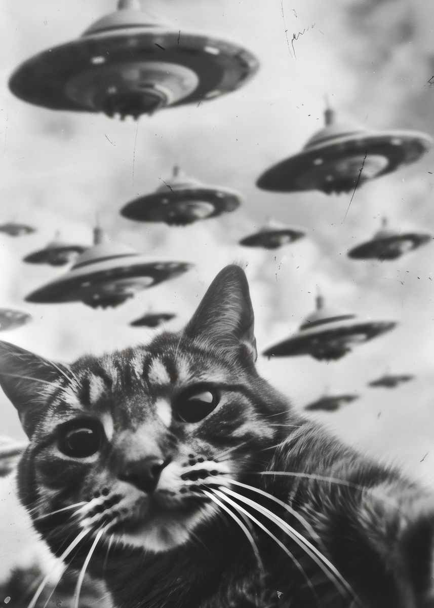 'Funny Alien Cat UFO Poster' Poster, picture, metal print, paint by ...
