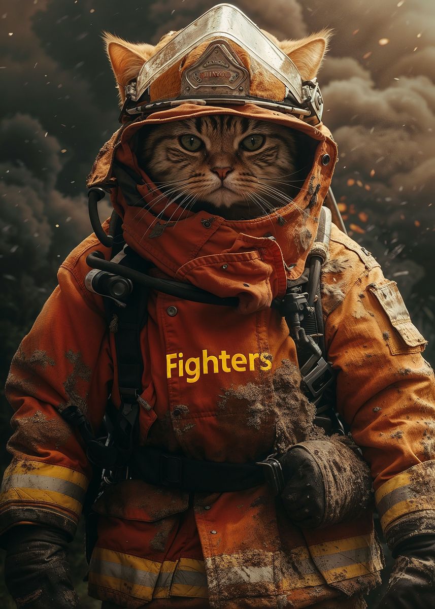 'cat fire fighter' Poster, picture, metal print, paint by Arlene Klocko ...