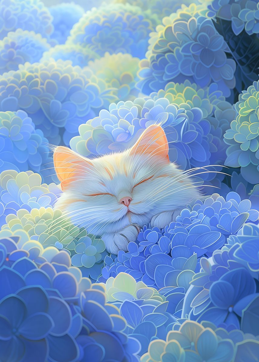 'Kitty Sleep in Hydrangeas' Poster, picture, metal print, paint by AI ...