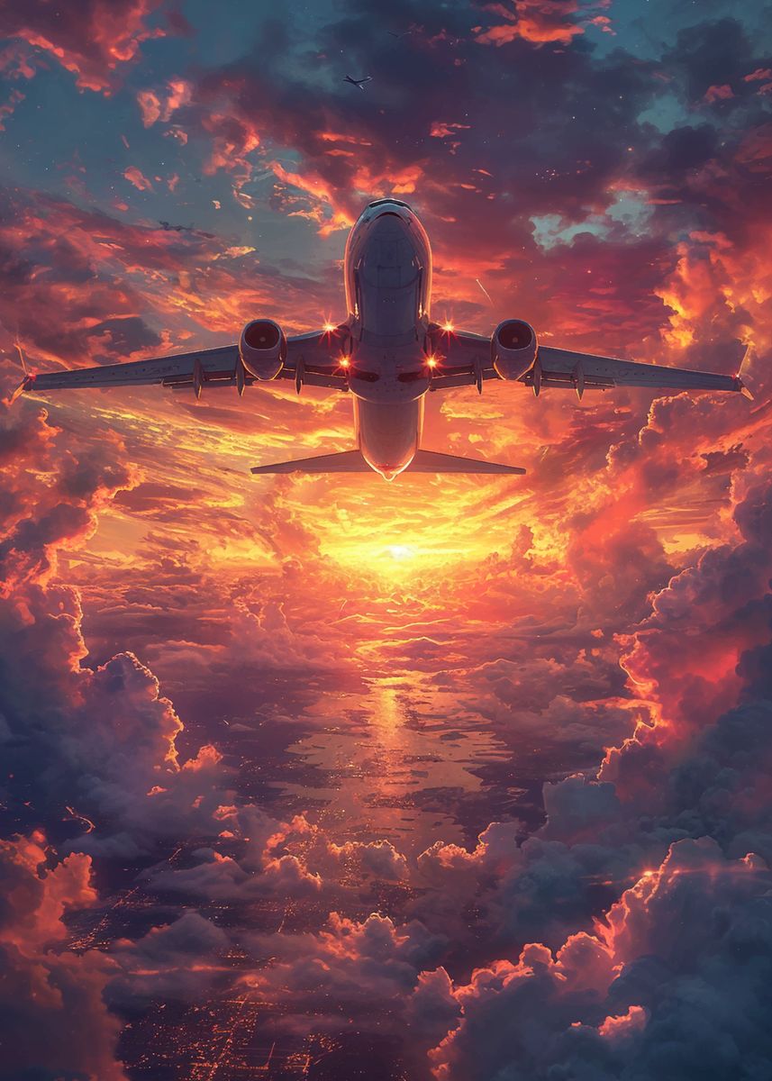 'Plane sunset' Poster, picture, metal print, paint by Glenda Simpson ...
