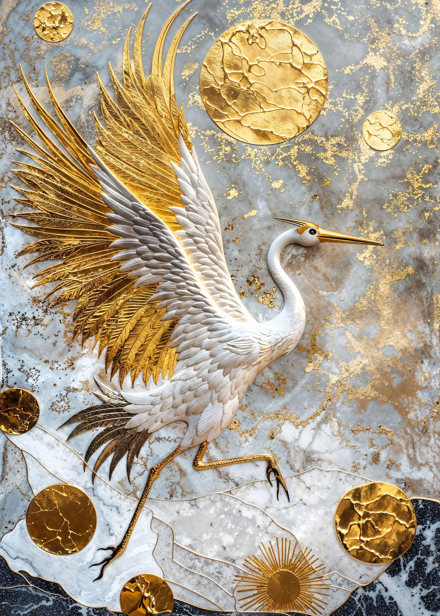 'Golden Crane Majesty' Poster, picture, metal print, paint by Pixaverse ...