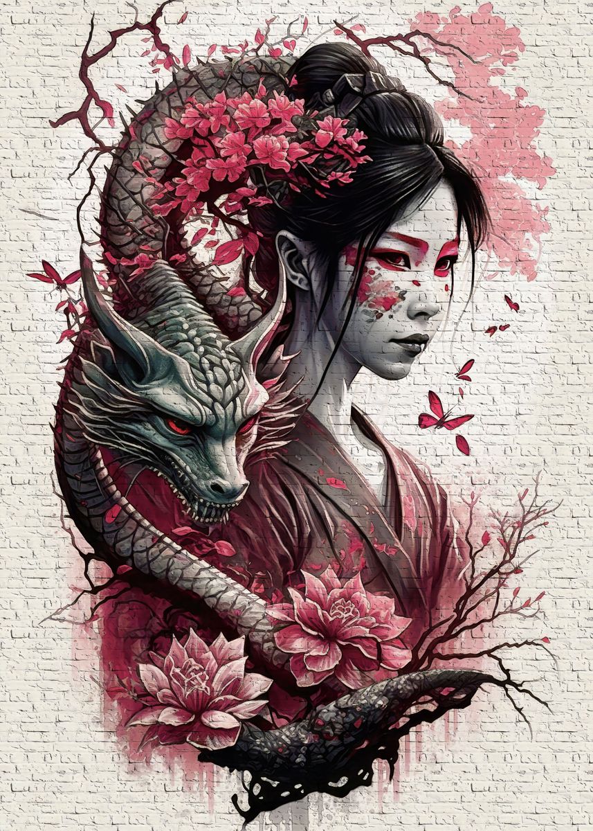 'Geisha dragon' Poster, picture, metal print, paint by Japanese ...