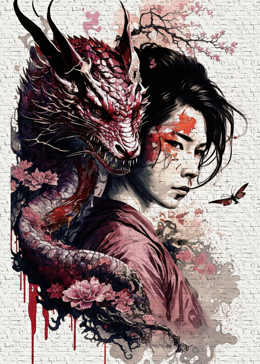 'Geisha dragon' Poster, picture, metal print, paint by Japanese ...