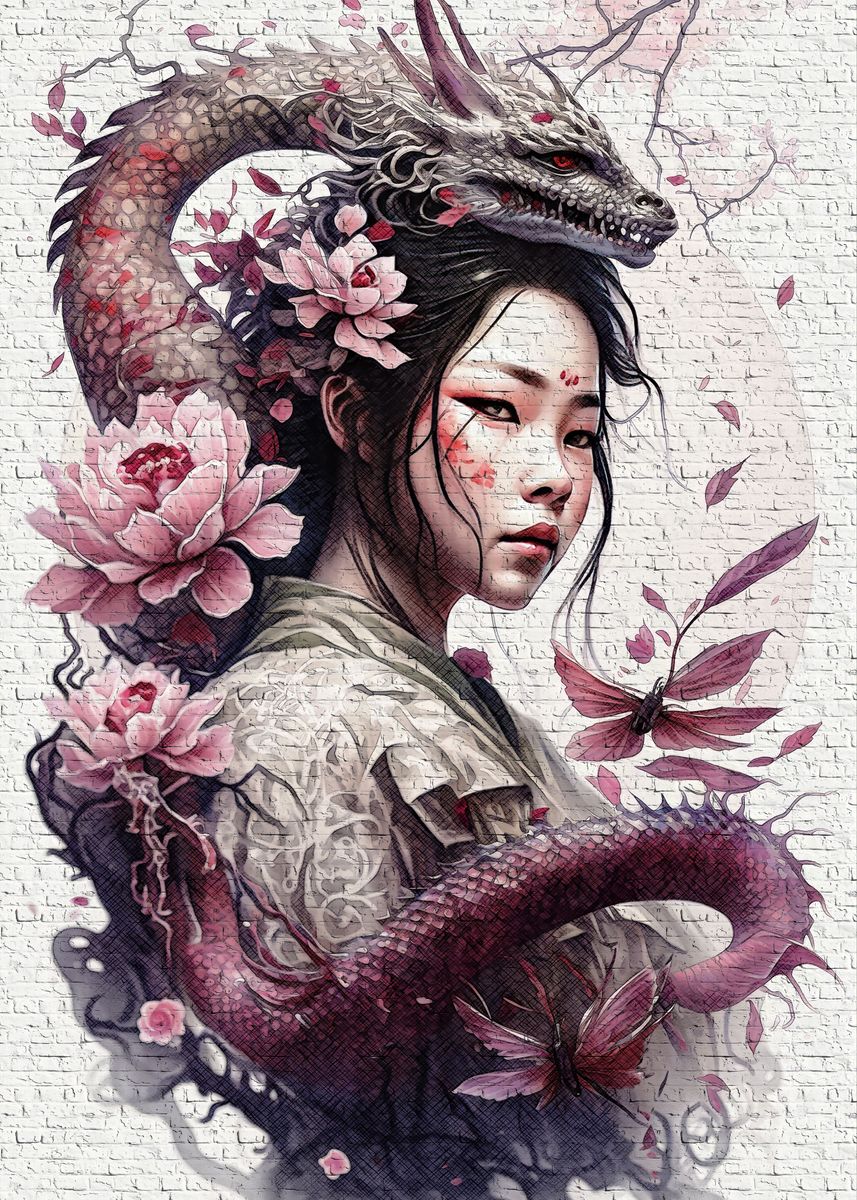 'Geisha dragon' Poster, picture, metal print, paint by Japanese ...