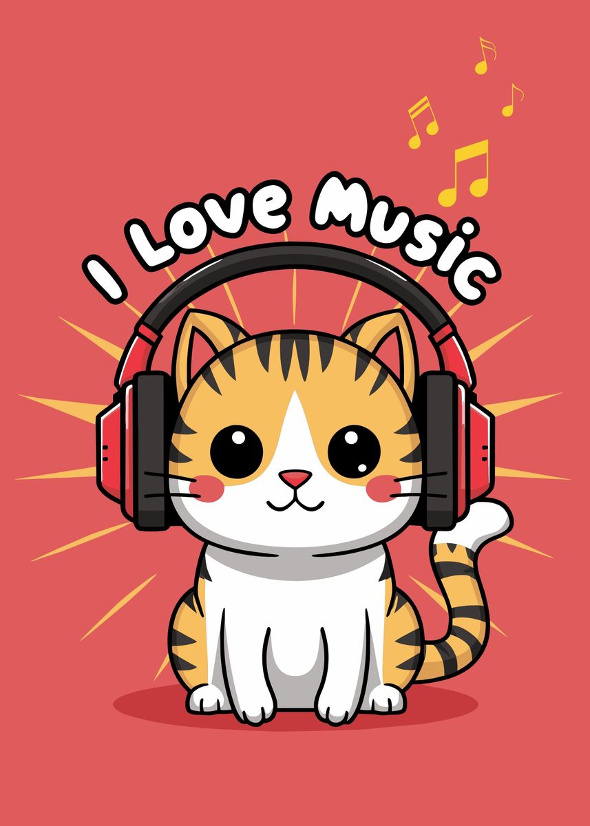 'cat cartoon i love music' Poster, picture, metal print, paint by EDSON ...