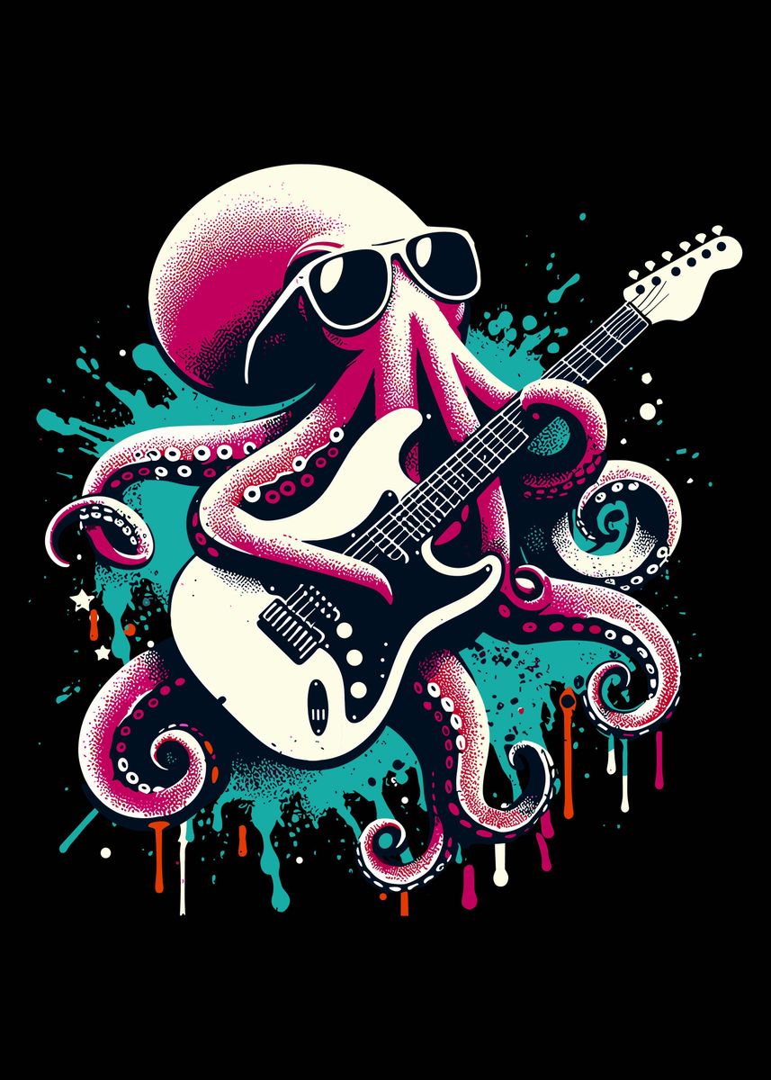 'Guitar Octopus Rock Music' Poster, picture, metal print, paint by ...
