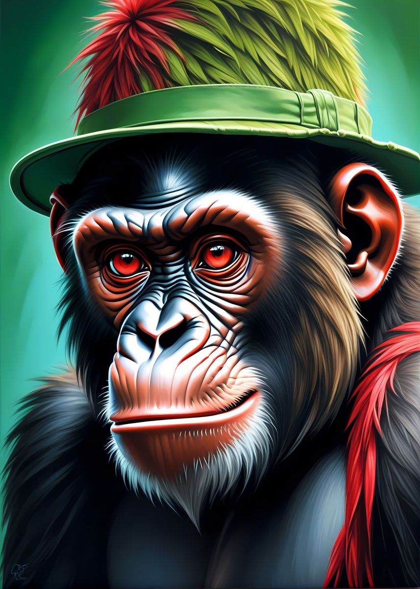 'Ape with Hat' Poster, picture, metal print, paint by Gin Art | Displate