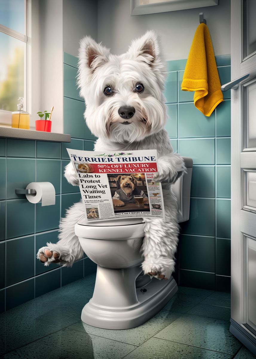 'Westie on the Toilet' Poster, picture, metal print, paint by Craig Doogan | Displate