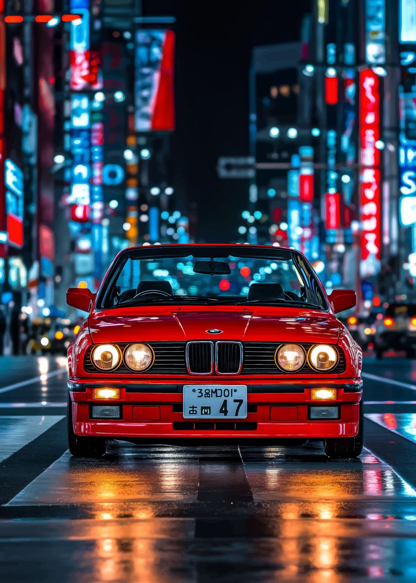 'City Nights Red BMW M3 E30' Poster, picture, metal print, paint by ...