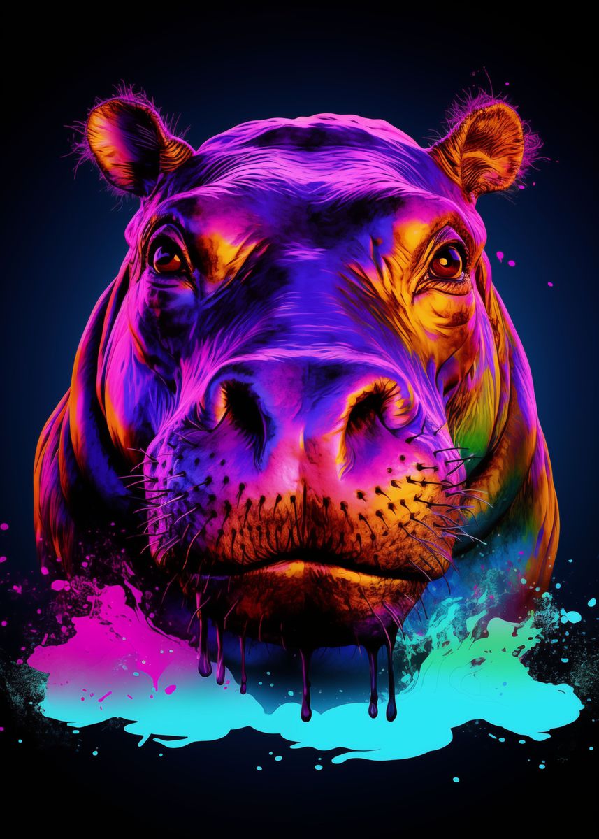 'Neon Hippo' Poster, picture, metal print, paint by AI Art Architect ...