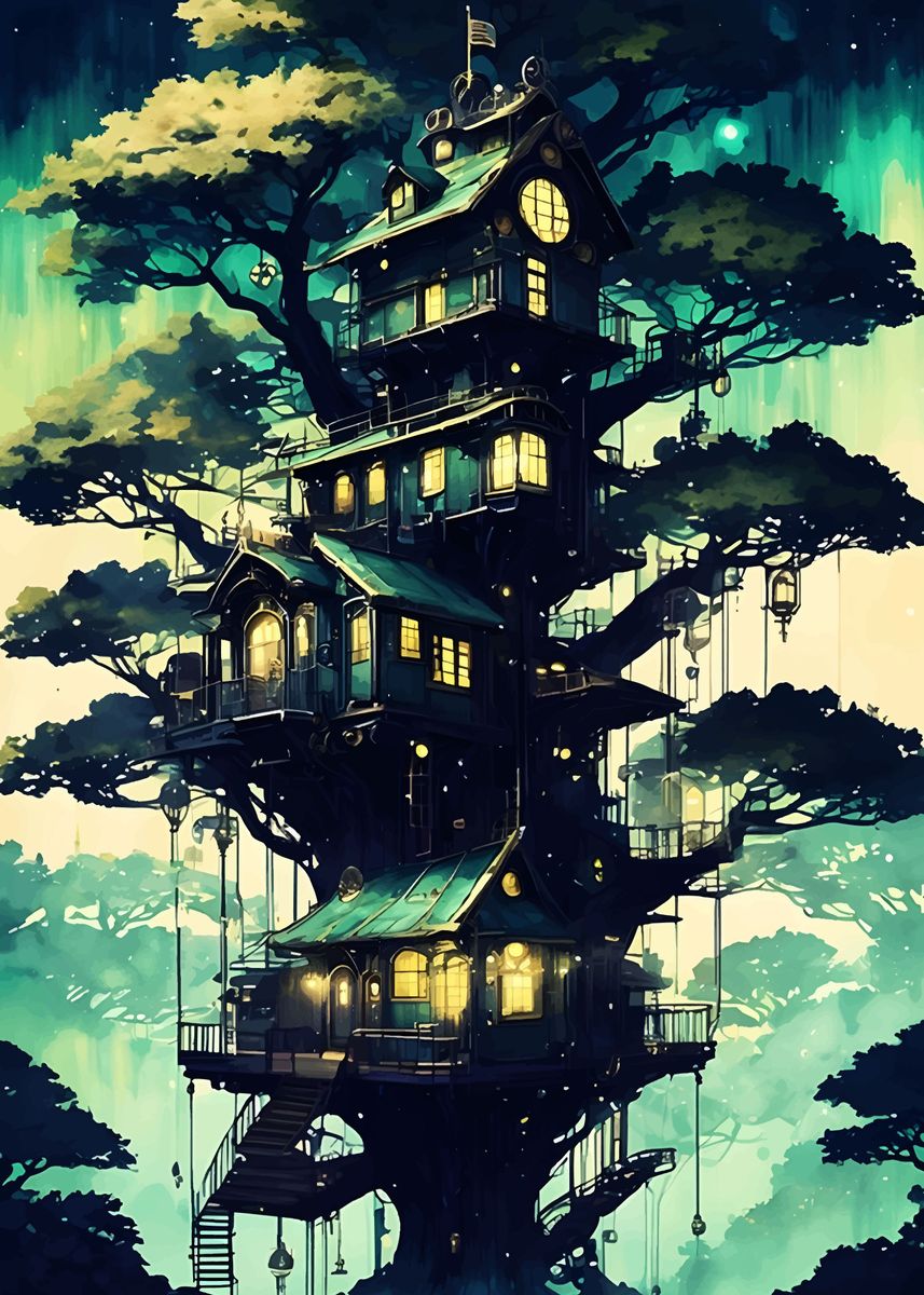 'Green Neon Tree House ' Poster, picture, metal print, paint by Dream ...