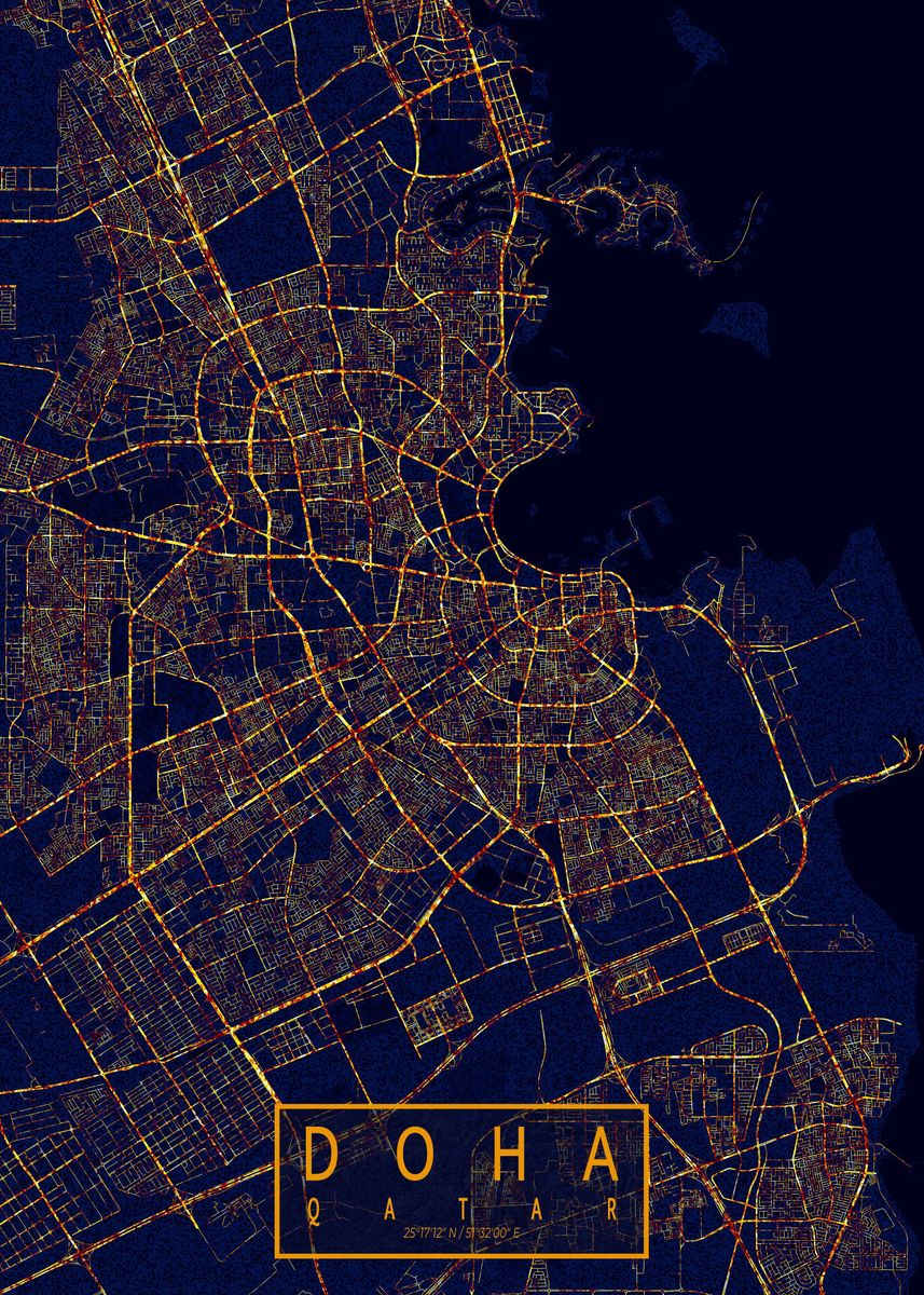 'Doha Qatar Map City At Nig' Poster, picture, metal print, paint by ...