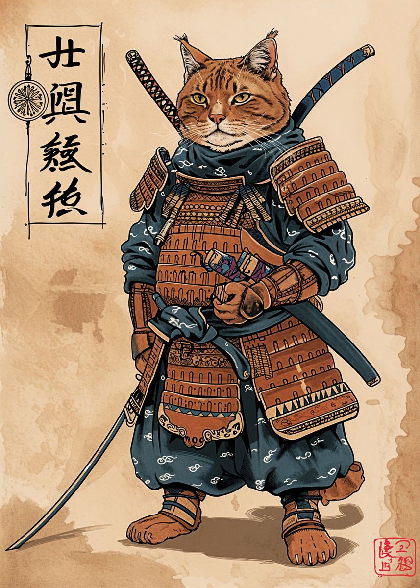 'Samurai Cat' Poster, picture, metal print, paint by SuperNova | Displate