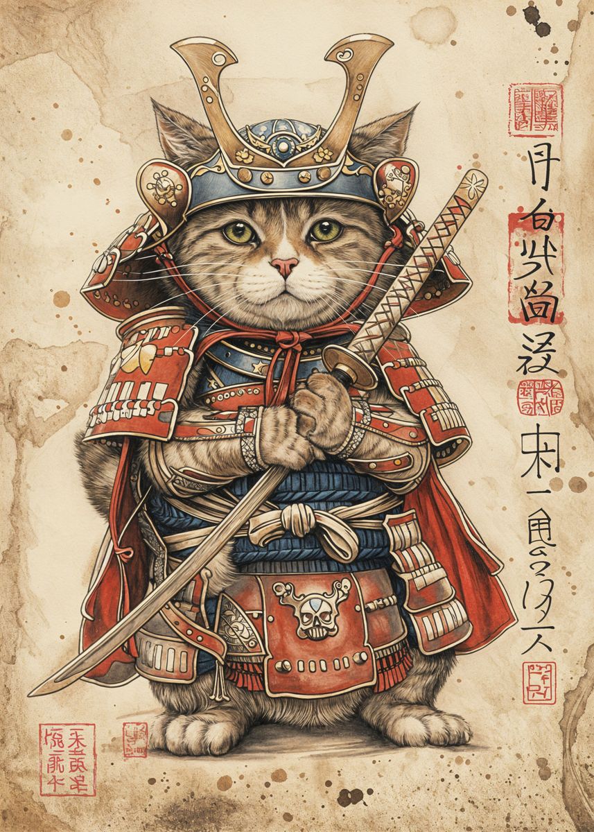 'Samurai Cat' Poster, picture, metal print, paint by SuperNova | Displate