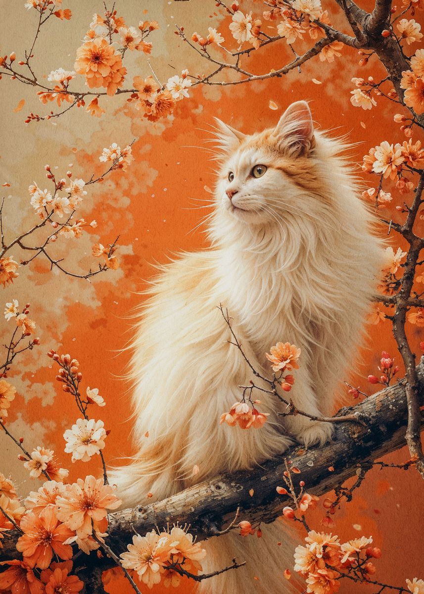 'cherry blossom cat ' Poster, picture, metal print, paint by Patsy ...