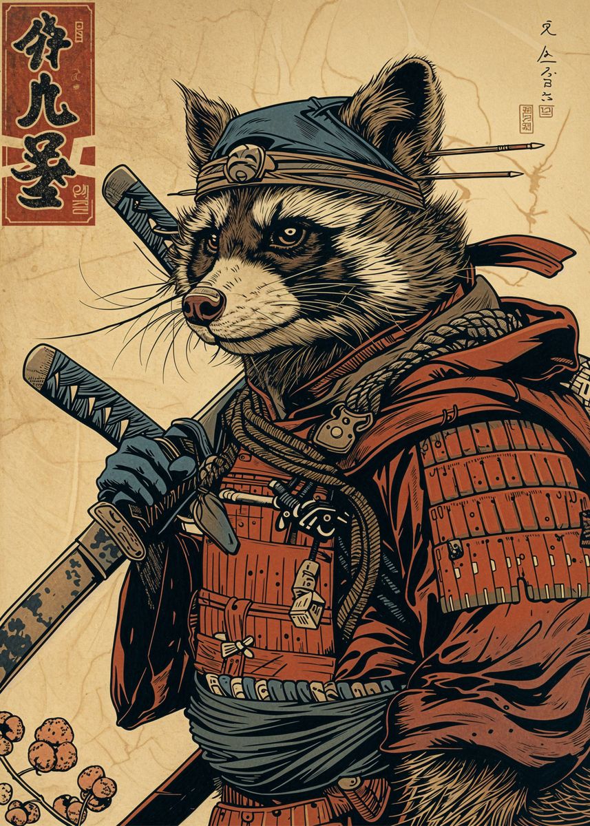 'Samurai Raccoon' Poster, picture, metal print, paint by SuperNova ...