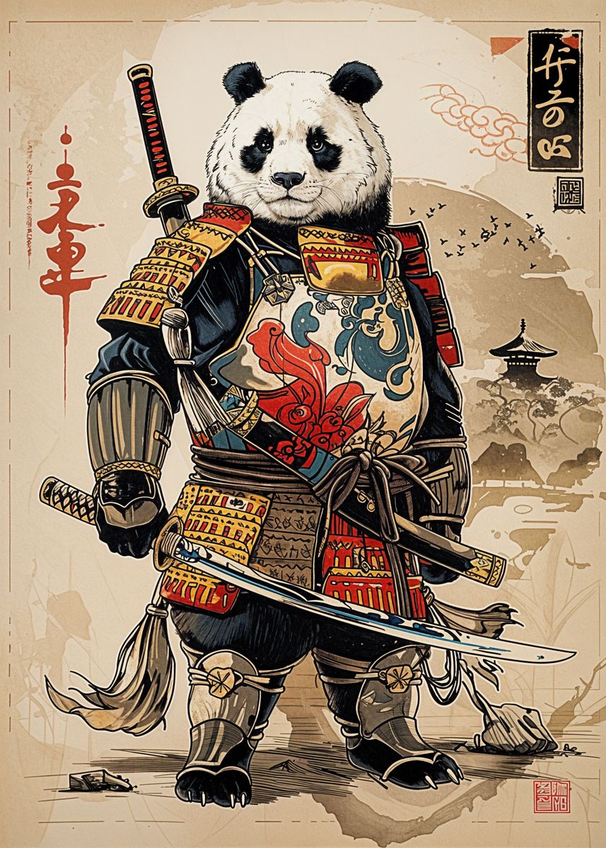 'Samurai Panda' Poster, picture, metal print, paint by SuperNova | Displate